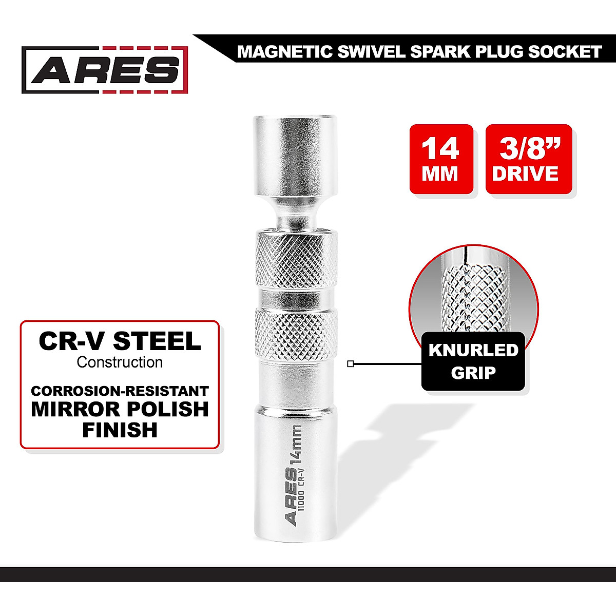 ARES 11000-14mm Thin Wall Magnetic Swivel Spark Plug Socket - 3/8-Inch Drive 12-Point Spark Plug Socket - Walls 2mm Thinner Than Standard Spark Plug Sockets