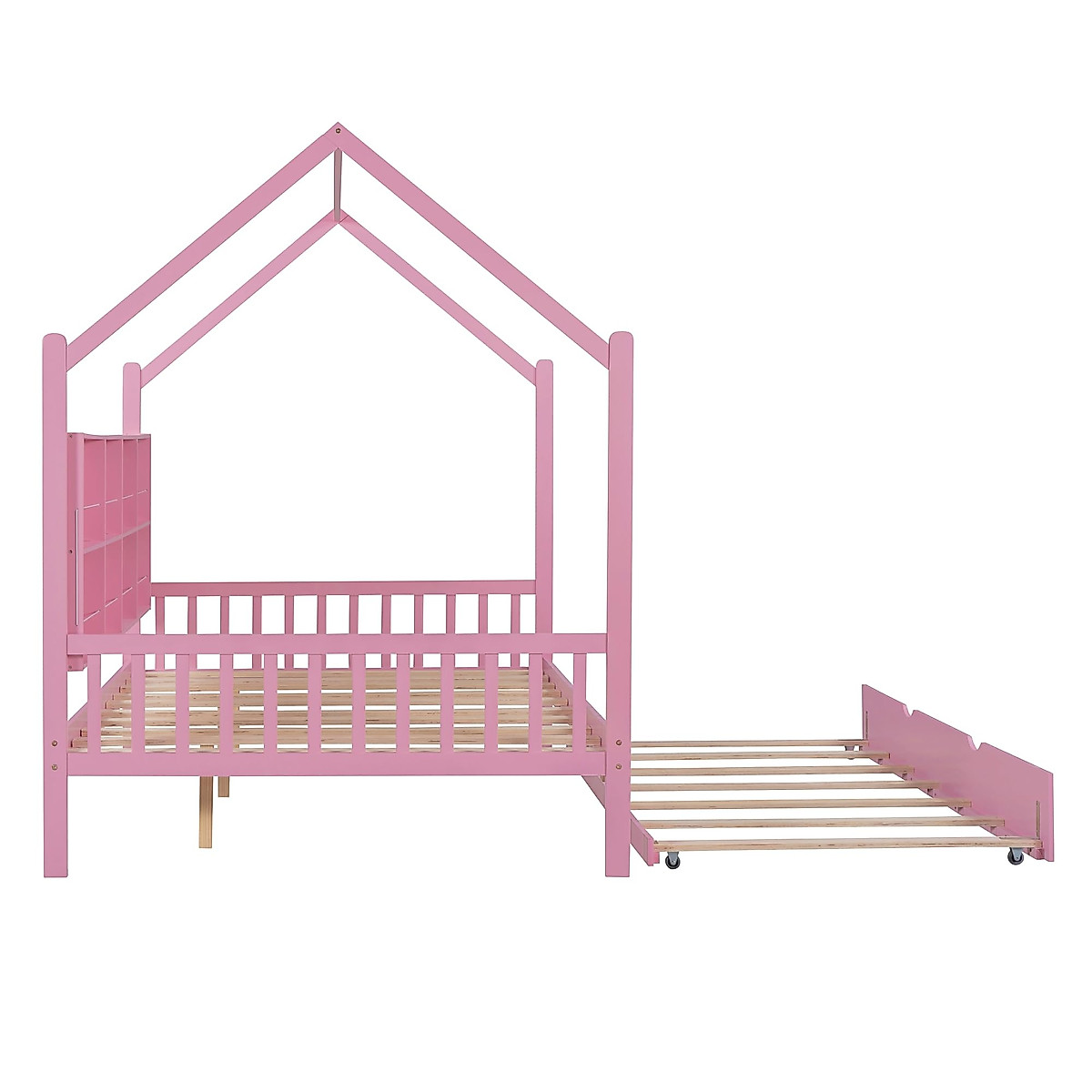 Harper & Bright Designs Full Size House Bed with Trundle, Wood Full House Bed Frame with Shelf Compartment, Full House Bed for Kids with Roof for Girls, Boys,No Box Spring Needed, Pink