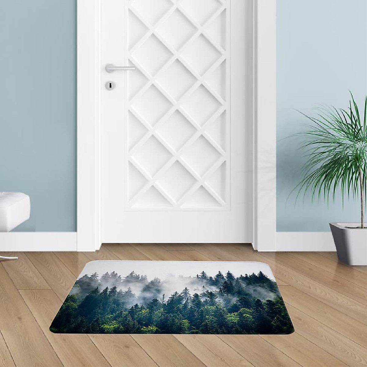 Welcome Doormat Nature Foggy Forest Green Misty Trees,Rubber Backing Kitchen Carpet Mountain Landscape Art,Durable Washable Entry Rugs for Bedroom Dining Room Front Door Decor 16x24In