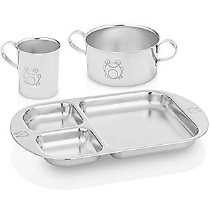 Kiddobloom Children Stainless Steel Dinnerware Set, Frog (1 Bowl, 1 Cup, 1 Divided Plate). High grade stainless #304. Elegant Gift for Baby, Toddler, and Kids.