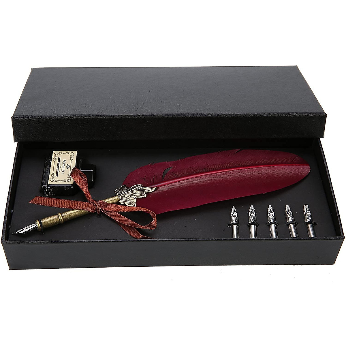 OPENDGO Vintage Feather Quill Pen and Ink Set Feather Dip Pen Calligraphy Pen Set Writing Quill Ink Dip Pen with Ink and 5 Nibs for Writing Drawing,Birthday Wedding Gift Set