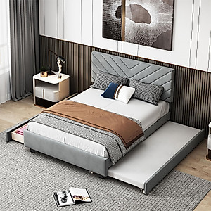 Linique Queen Size Upholstered Platform Bed with Headboard, Trundle and 2 Storage Drawers, Wooden Bed Frame, Grey