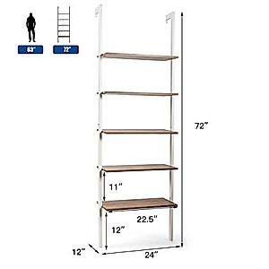 Tangkula 5-Shelf Bookcase, Modern 5-Tier Wood Wall Mounted Ladder Bookshelf with Metal Frame, 72 Inches Tall Industrial Open Ladder Shelf Display Rack Storage Shelves for Home Office (White, 1)