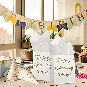 Cooraby 24 Pack White Kraft Paper Bags with Handles Thanks for Celebrating with Us Bags Party Favor Bags Medium Gift Bags Party Favor Bags with Tissue Papers for Birthday, Wedding, Baby Shower