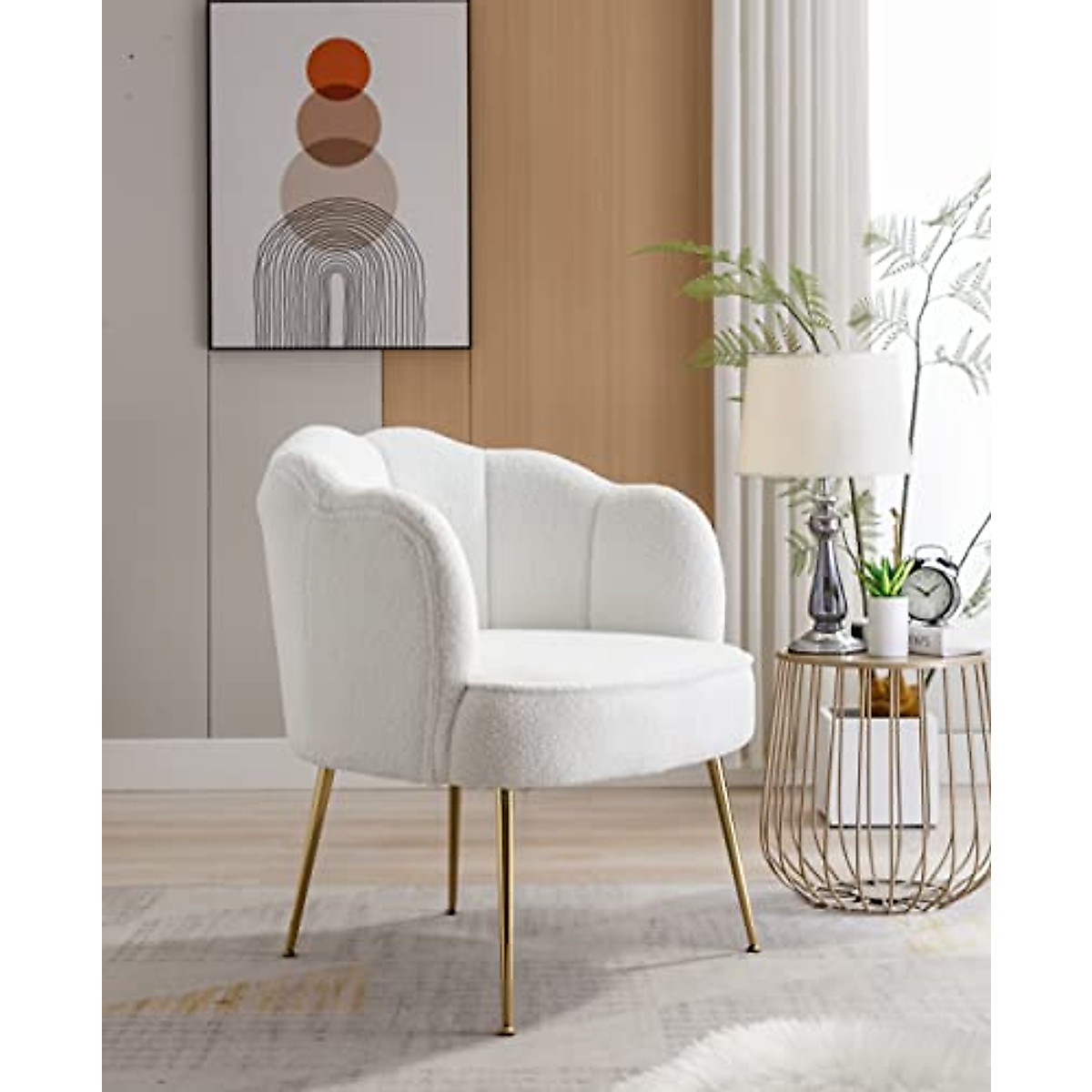 Goujxcy Modern Teddy Shell Barrel Chair Accent Armchair with Golden Legs for Living Room Bedroom Home Office, Tufted Back Club Chair (White7)