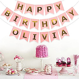 PartyForever Rose Gold Happy Birthday Olivia Banner Birthday Party Decorations and Supplies