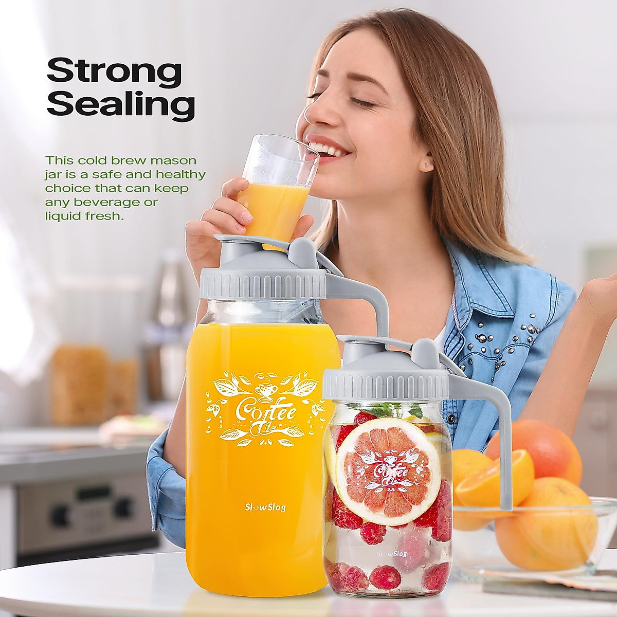 Slow Slog Cold Brew Coffee Maker, 32oz Cold Brew Mason Jar Pitcher with Lid, Iced Coffee Maker, Cold Brew Pitcher with Stainless Steel Filter for Iced Tea, Sun Tea, Leak Proof