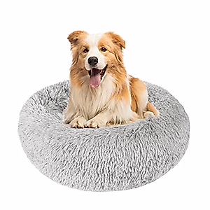 CAPSCEOLL Calming Dog Cat Bed Round Donut Dog Bed Warming Fluffy 20 Inches Anti-Anxiety Bed for Small Medium Dogs and Cats with Non-Slip Bottom,Grey