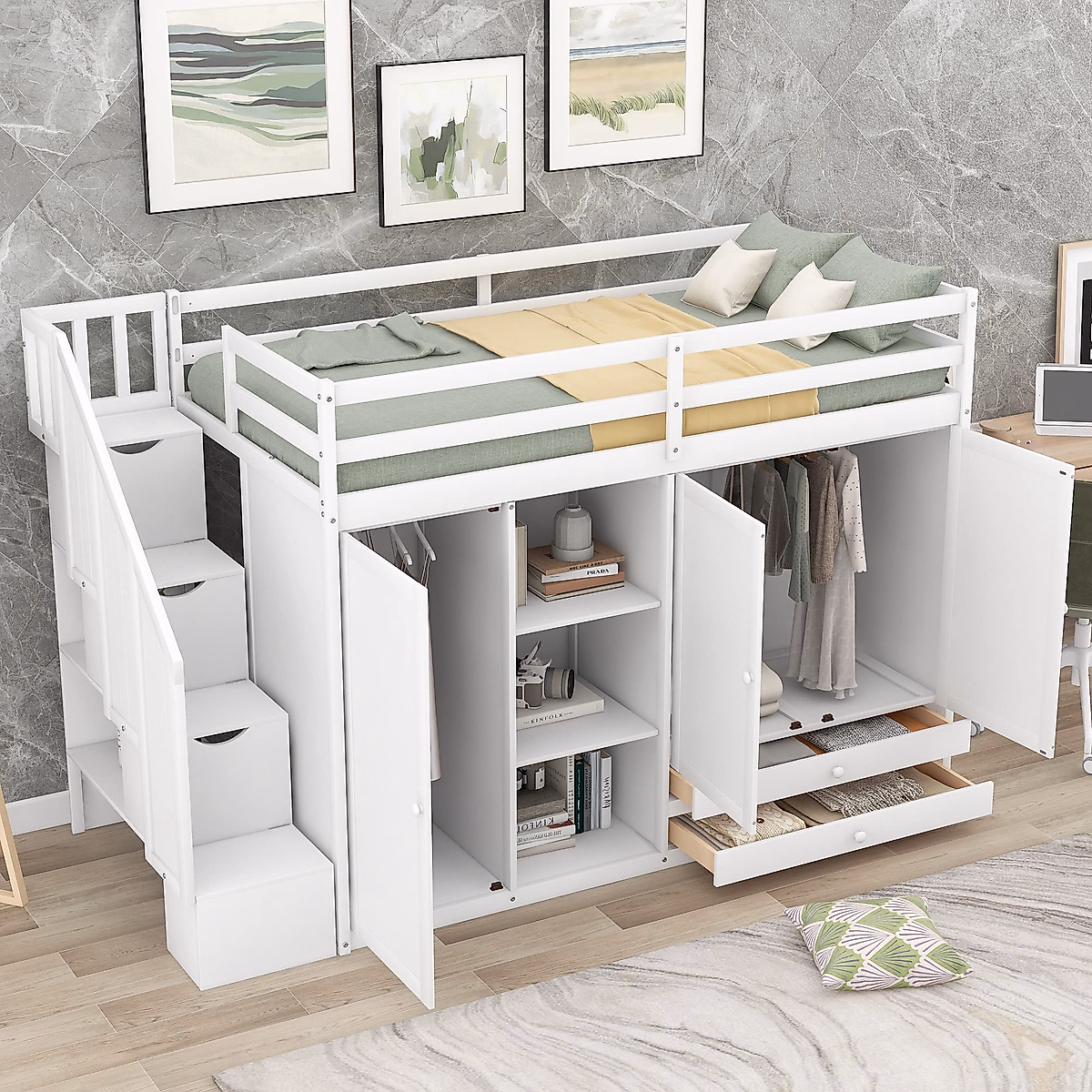 BIADNBZ Functional Twin Size Loft Bed with 3 Shelves, 2 Wardrobes and 2 Drawers,Wooden Bedframe with Storage Stairs for Teens/Bedroom,White