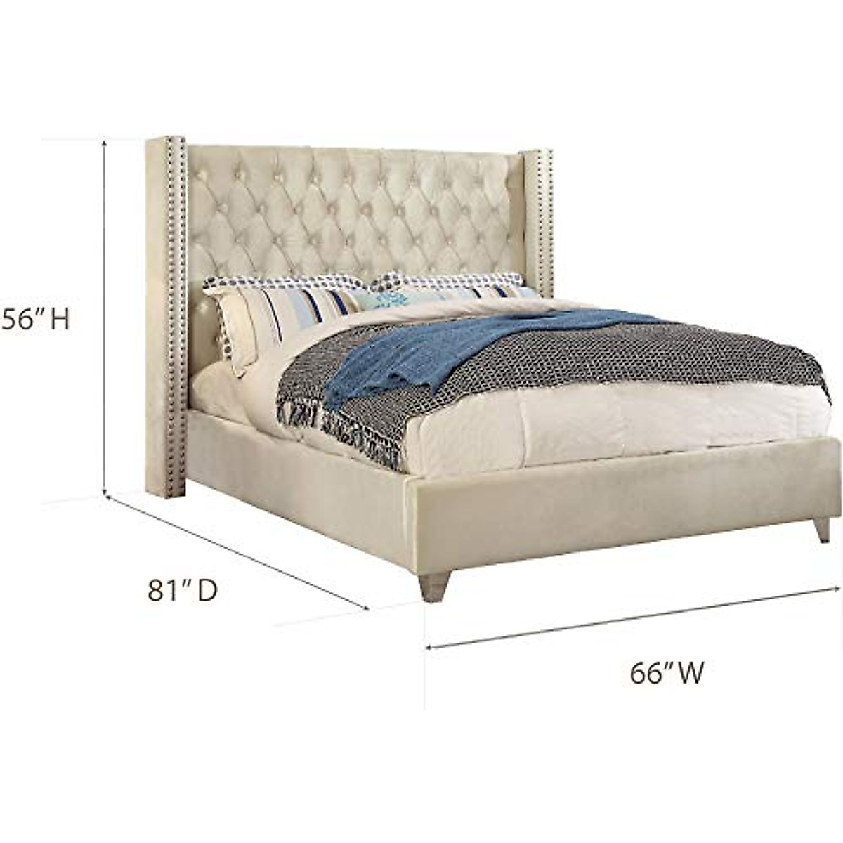 Meridian Furniture Aiden Collection Modern | Contemporary Velvet Upholstered Bed with Deep Button Tufting, Solid Wood Frame, and Custom Chrome Legs, Full, Cream