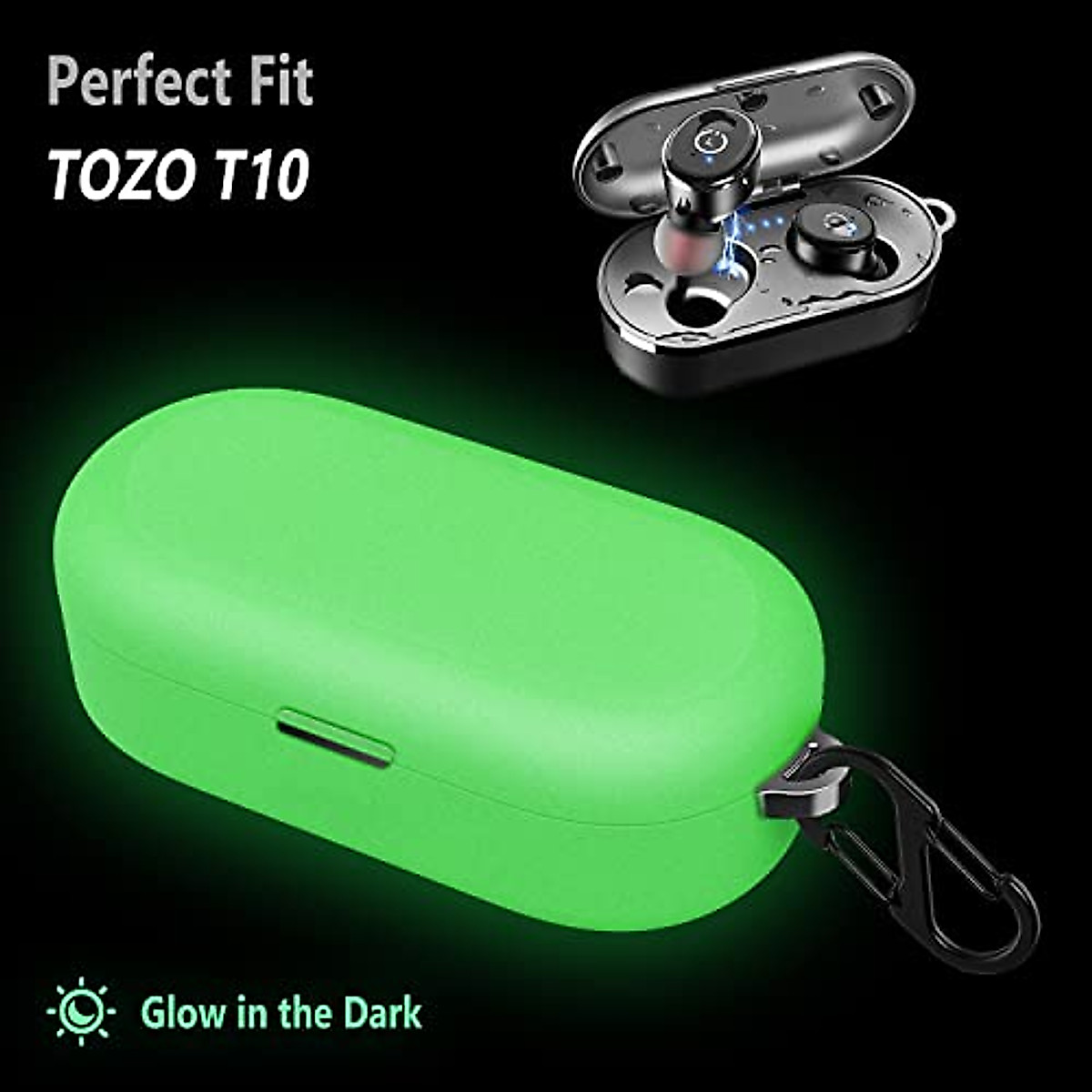 Geiomoo Silicone Case Compatible with TOZO T10, Protective Cover with Carabiner (Luminous Green)