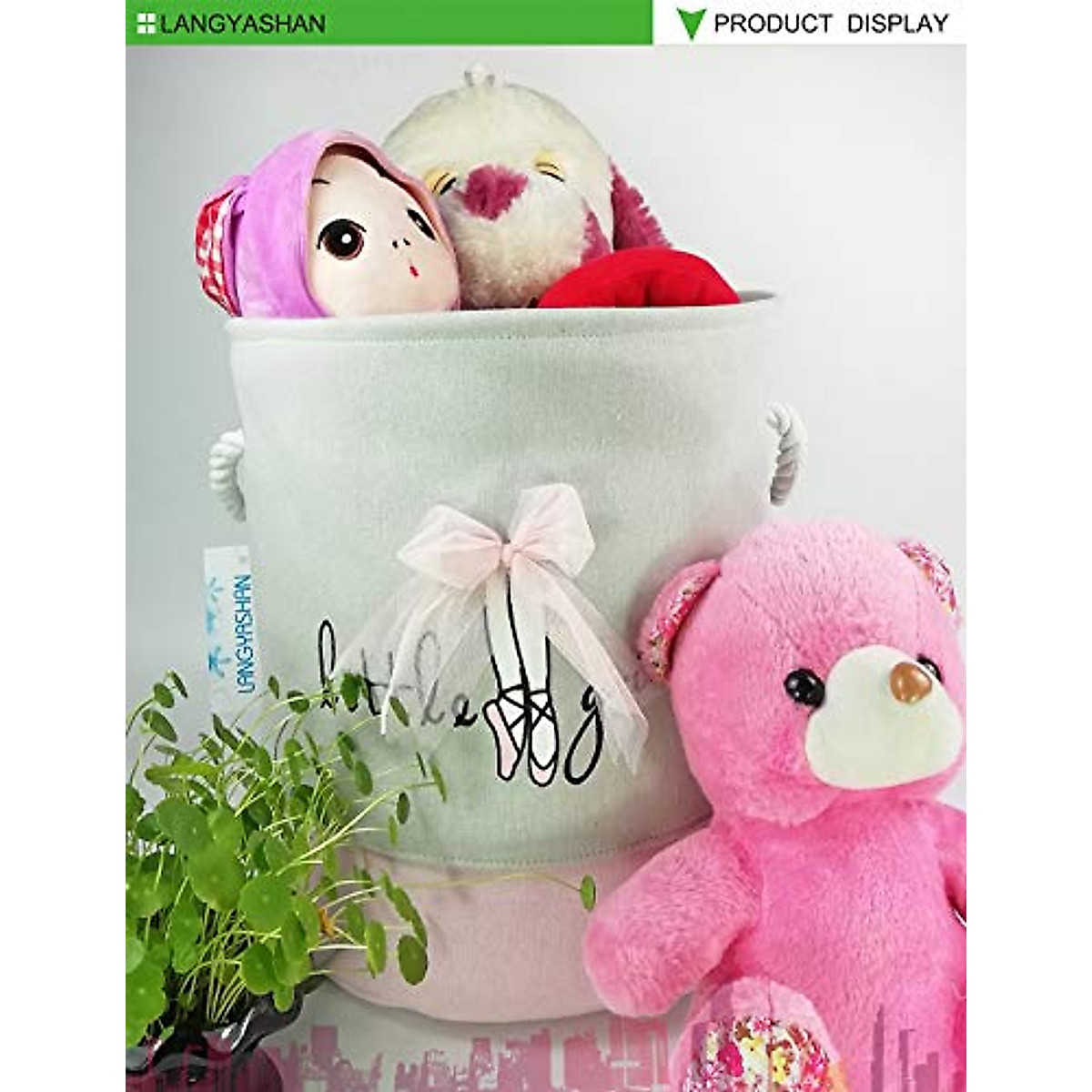 LANGYASHAN Laundry Basket Canvas Collapsible Organizer Storage Basket for Boys Girls Laundry Hamper Toy Bins Gift Baskets Bedroom Clothes Children Nursery (Pink Lace)