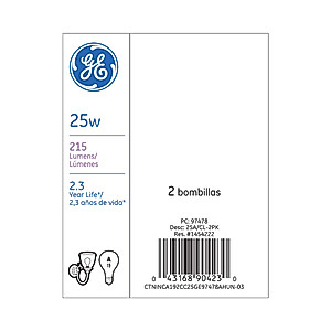 GE 97478 25-Watt 215-Lumen Decorative A19 Incandescent Light Bulb, Crystal Clear, 2-Pack
