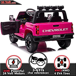 sopbost 24V 2-Seater Kids Ride On Truck with Remote Licensed Chevrolet Silverado - 4x4 High Performance EVA Tires Version (Hot Pink)