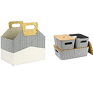 LA JOLIE MUSE Mid-Century Modern Storage Basket Set of 3 Lidded & Modern Magazine Basket with Bamboo Handles