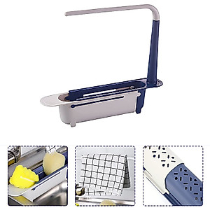 HonyQiShuo Telescopic Sink Storage Rack,Adjustable Length Telescopic Sink Rack Sponge Holder with Dishcloth Hanger Expandable Storage Drain Basket for Home Kitchen Sink (Blue)