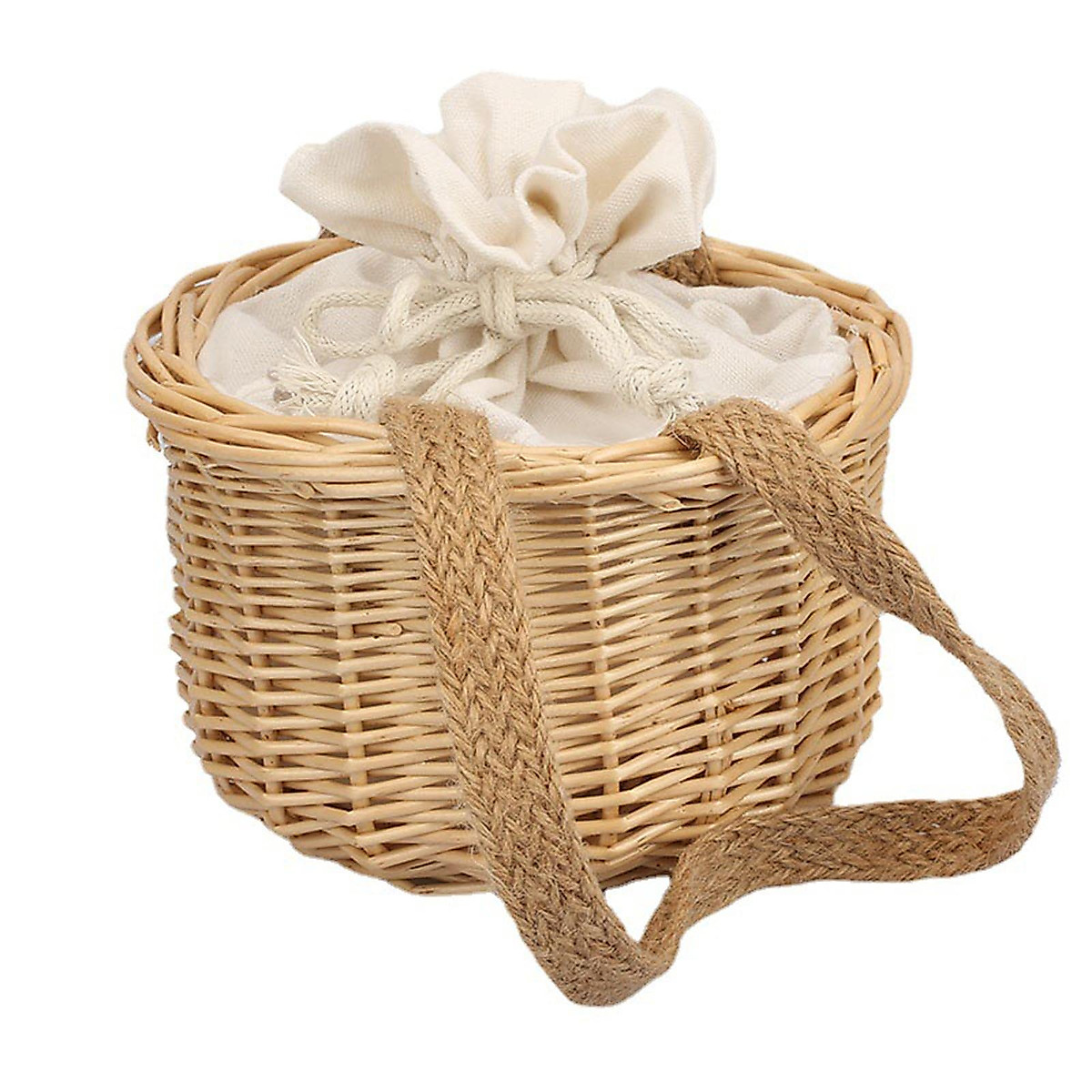 xiaolajiao Wicker Bag, Straw Purse, Rattan Basket, Handwoven Beach Bohemian Shoulder Purse with Soft Cloth Pocket, Round Rattan Bag Picnic Basket for Women, Kids