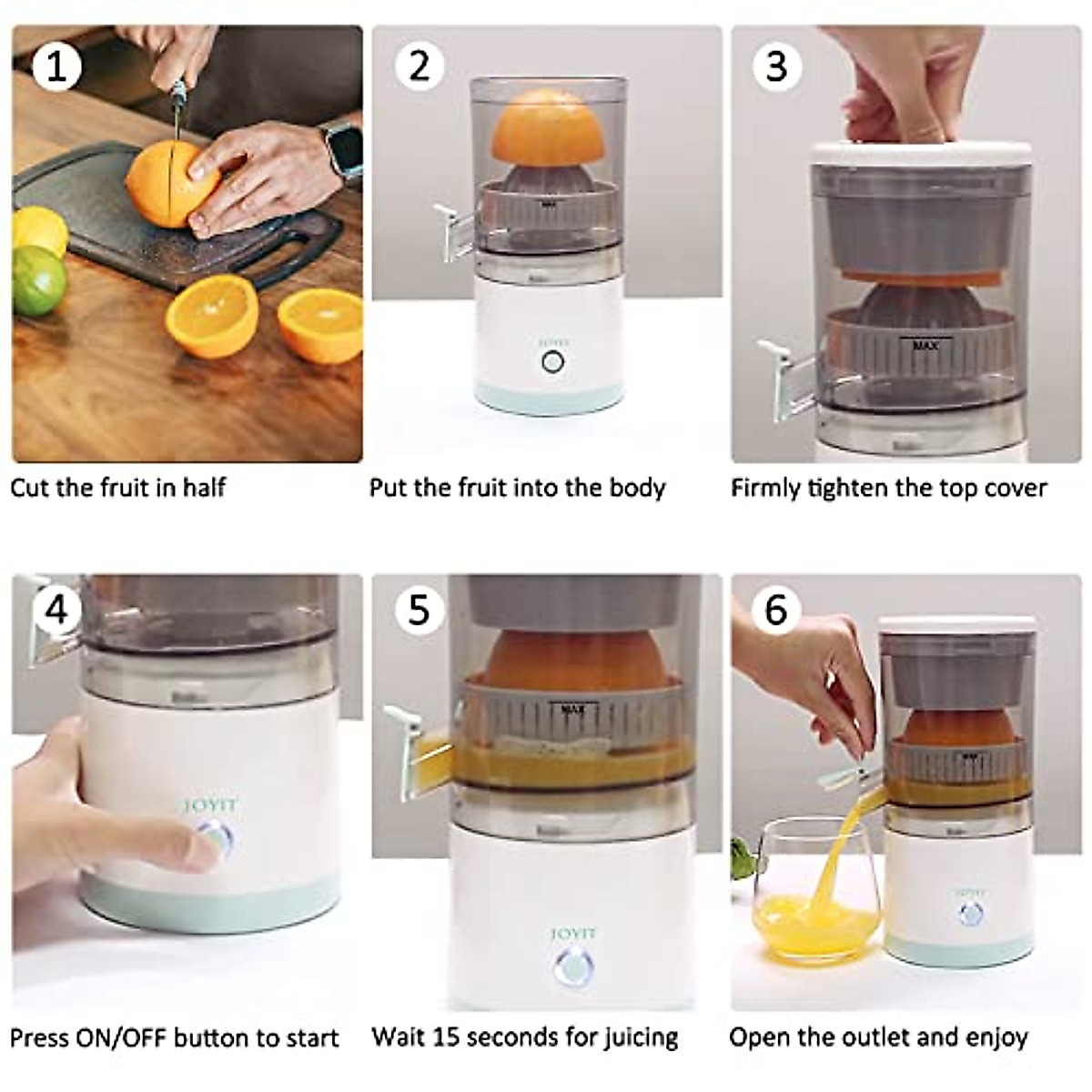 JOYIT Orange Juice Squeezer – USB Rechargeable Electric Citrus Juicer, Wireless Portable Orange Juice Machine, Premium Electric Juicer for Lemon Tomato Grape Watermelon (White)