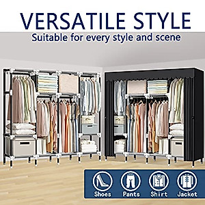 LOKEME Portable Closet, 67 Inch Wardrobe Closet for Hanging Clothes with 4 Hanging Rods, 25mm Steel Tube Clothes Storage Organizer for Extra Sturdy, Quick and Easy to Assembly, Black Cover