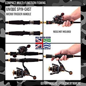 Rigged and Ready Predator Baitcaster Spin Travel Fishing Rod. Hi-Carbon Cast Spinning Pole Unique Micro Trigger +2 Tips 220+185cm (6’+7’3”) Angling Options Max Cast Weight 30g(1oz) 80g(2 3/4oz)