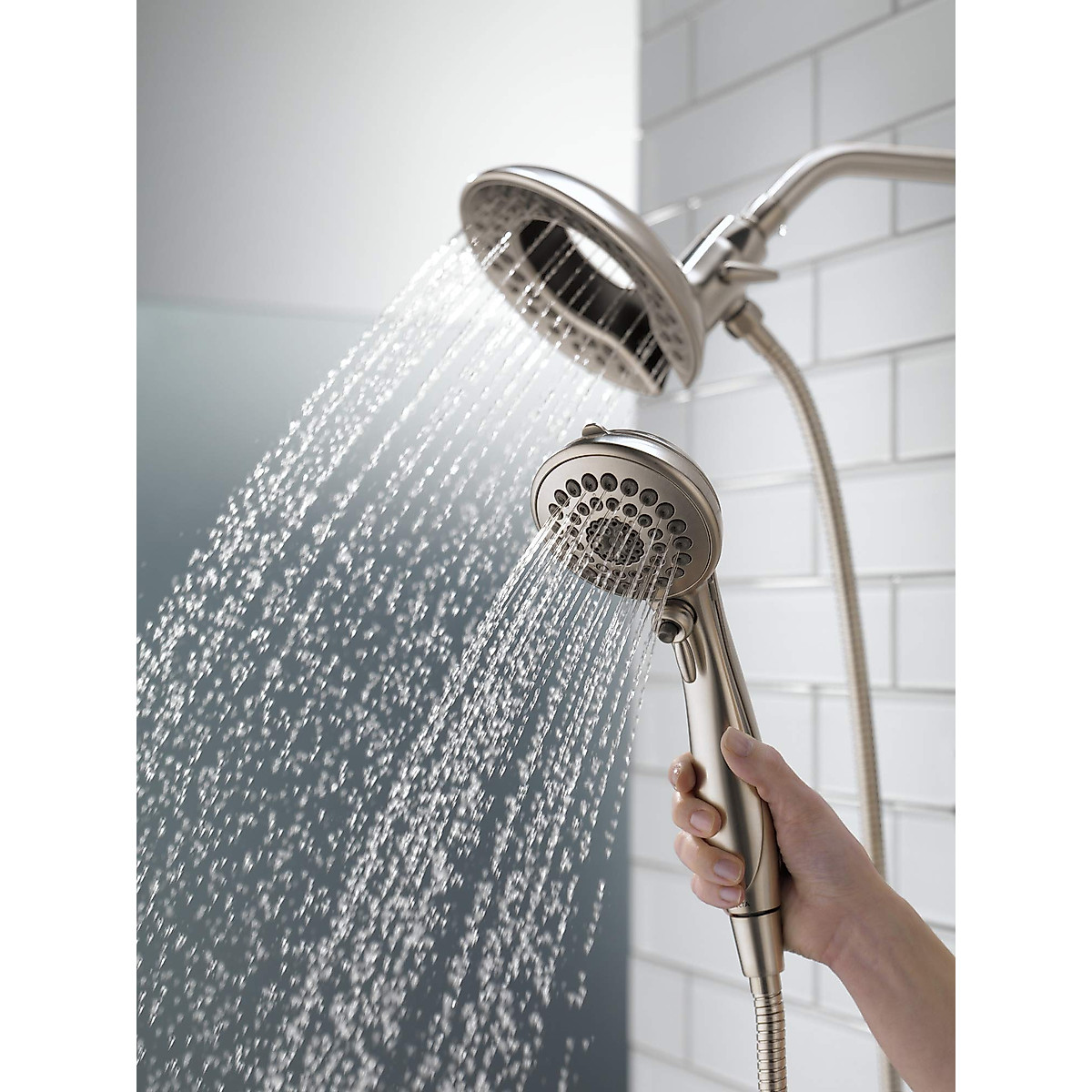 Delta Faucet 5-Spray In2ition 2-in-1 Dual Shower Head with HandHeld Spray, Brushed Nickel Hand Held Shower Head with Hose, Handheld Shower Heads, 2.5 GPM Shower Head, Stainless 58569-SS25-PK