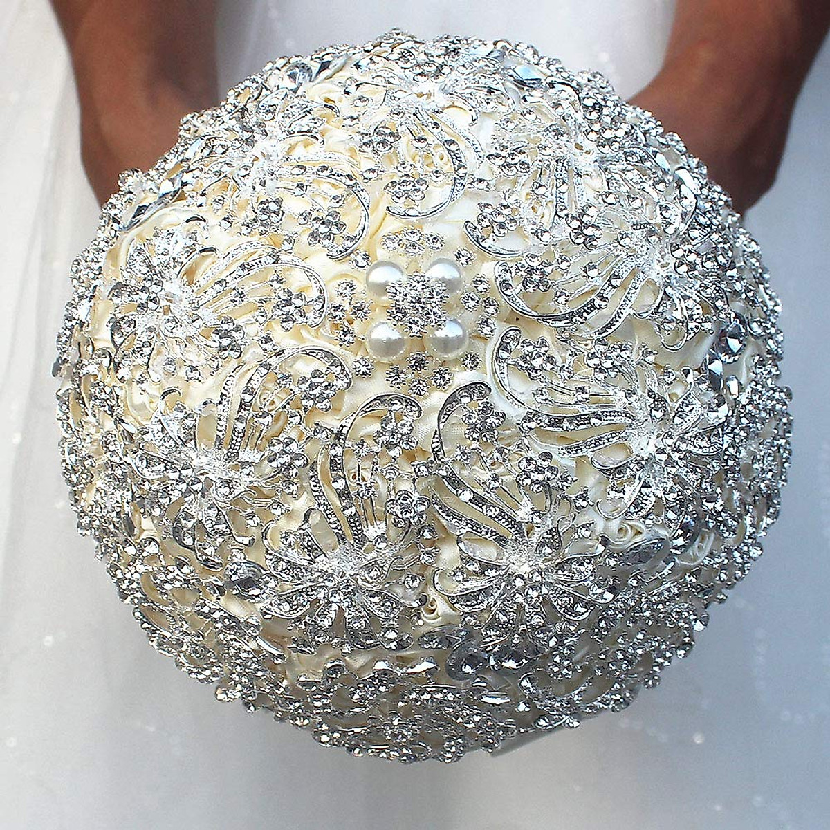 DOTKV Wedding Bouquet with Silver Luxury Artificial Diamond,Set Including Bouquets, Wrist Flowers,Corsage for Your Wedding with Full Hand-Made (Silver+Ivory)