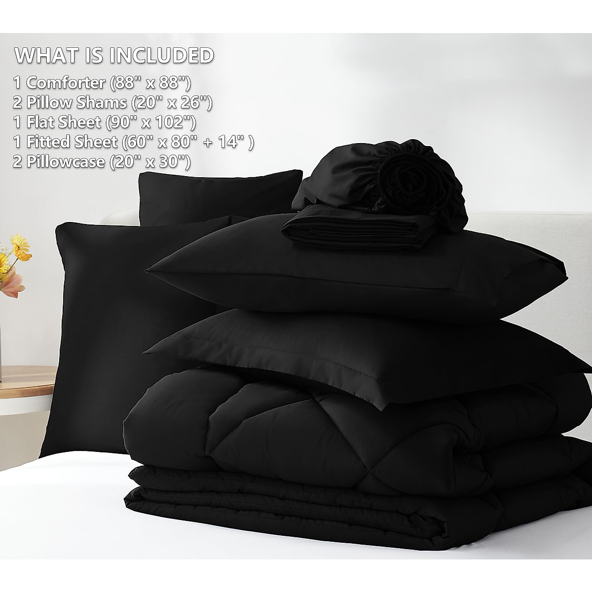 CozyLux Queen Comforter Set with Sheets 7 Pieces Bed in a Bag Black All Season Bedding Sets with Comforter, Pillow Shams, Flat Sheet, Fitted Sheet and Pillowcases