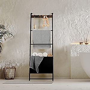 Metal Blanket Ladder Towel Rack Bathroom Towel Holder Wall Leaning Blanket Ladder with Storage Bin Decorative Ladder Rack for Pool Drying Bar for Towels Quilt Storage Organizer with Hooks, Black