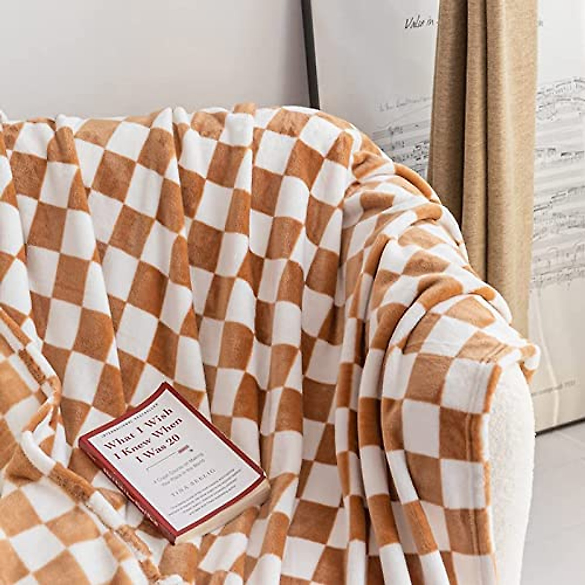 Checkerboard Throw Blankets Luxurious Plaid Flannel Blanket - Super Soft and Warm 100% Polyester Throw for Sofa, Couch, Bed, Car, and Airplane - Elegant Gift Ribbon Included (Khaki,60"x50")