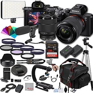 Sony a7 III Mirrorless Digital Camera 24MP w/ 28-70mM Lens, 128GB Extreme Memory,Microphone, 120LED Video Light, Filters, Case Tripod, Grip, and More – Pro Photo Bundle (44pc Bundle)