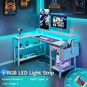 Lufeiya White L Shaped Gaming Desk with Fabric Drawers and Storage Shelves, 47 inch Home Office Desk with Monitor Stand, Computer Desk with LED Lights and Power Outlets, White