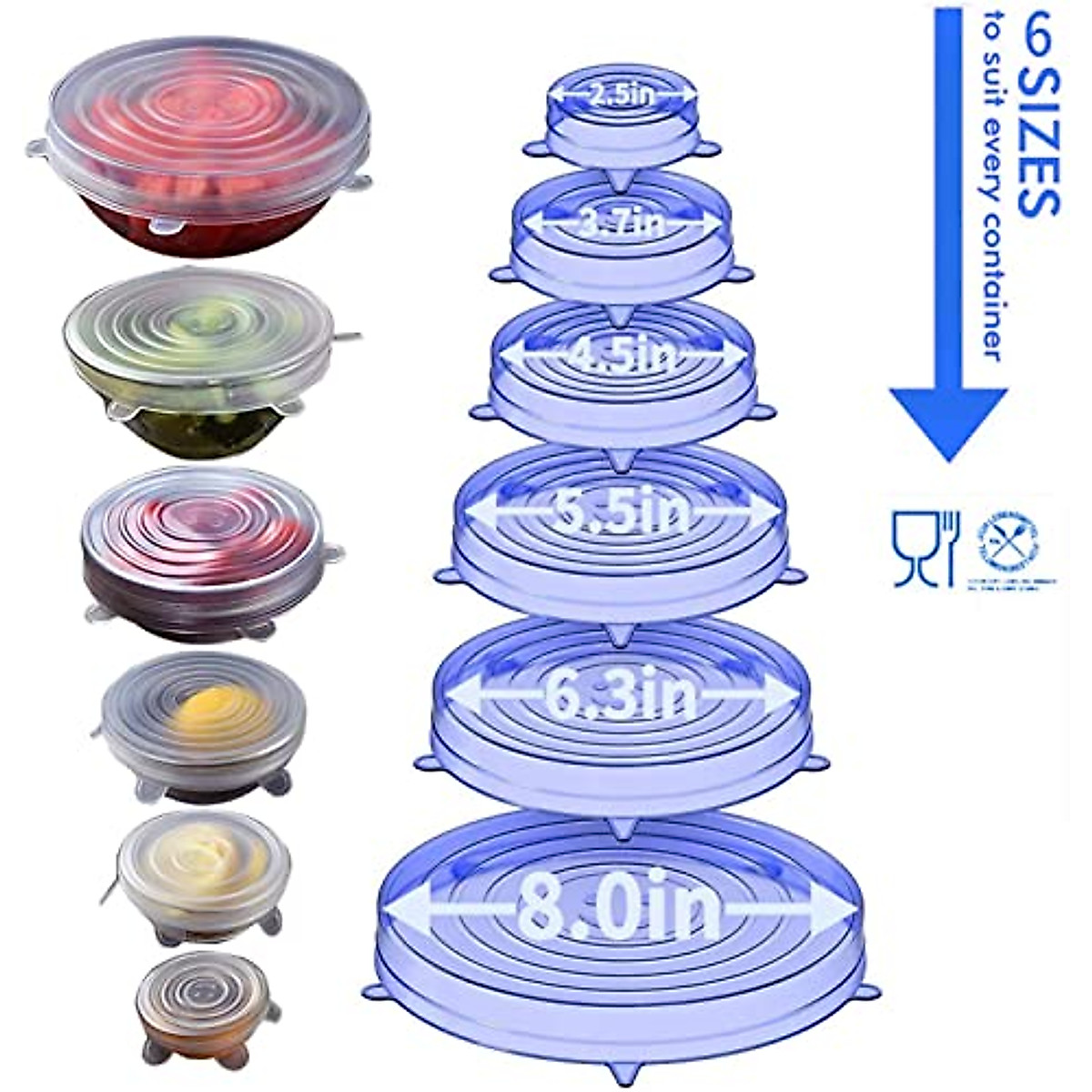 Firsting Silicone Stretch Lids, 18 Pack Reusable Silicone Lids, Silicone Bowl Covers, 6 Sizes Apply to Food Container, for Freezer & Microwave