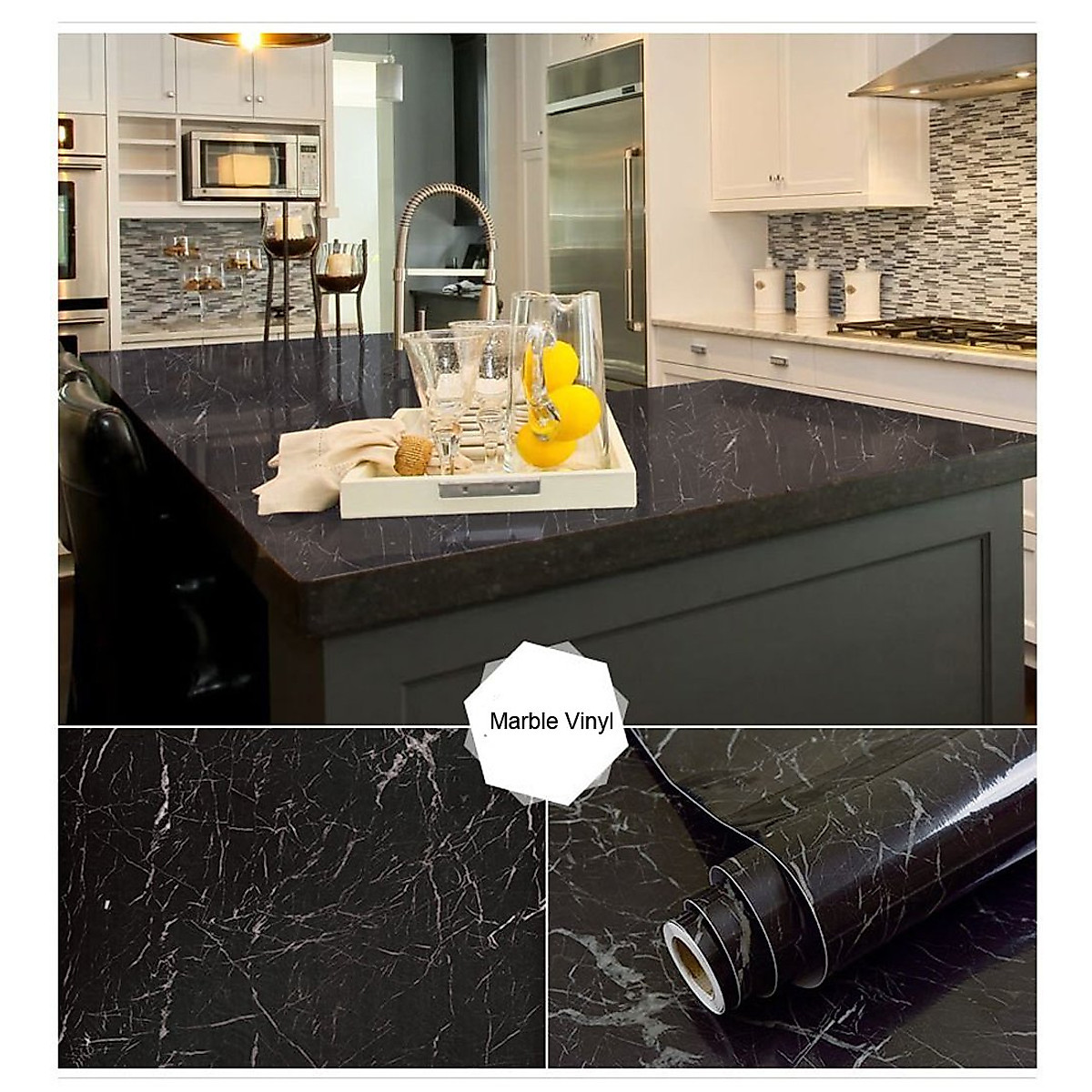 GLOW4U Self Adhesive Faux Black Marble Shelf Liner Paper Vinyl Film Peel and Stick Kitchen Countertop Cabinets Backsplash Crafts Projects Furniture Sticker Wallpaper (24 by 117 Inches)