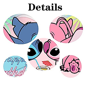 Stitch and Angel Happy Birthday Backdrop for Birthday Party Decorations Summer Tropical Hawaiian Beach Party Decorations Supplies Banner 5x3ft