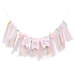 Pink Sweetheart One Birthday Banner - Pink Tutu Skirt High Chair Banner , 1st Birthday Party Gifts for Girls , Winter Onederland 1st Birthday Girl Decorations , Pastel Tassel Banner Ribbons