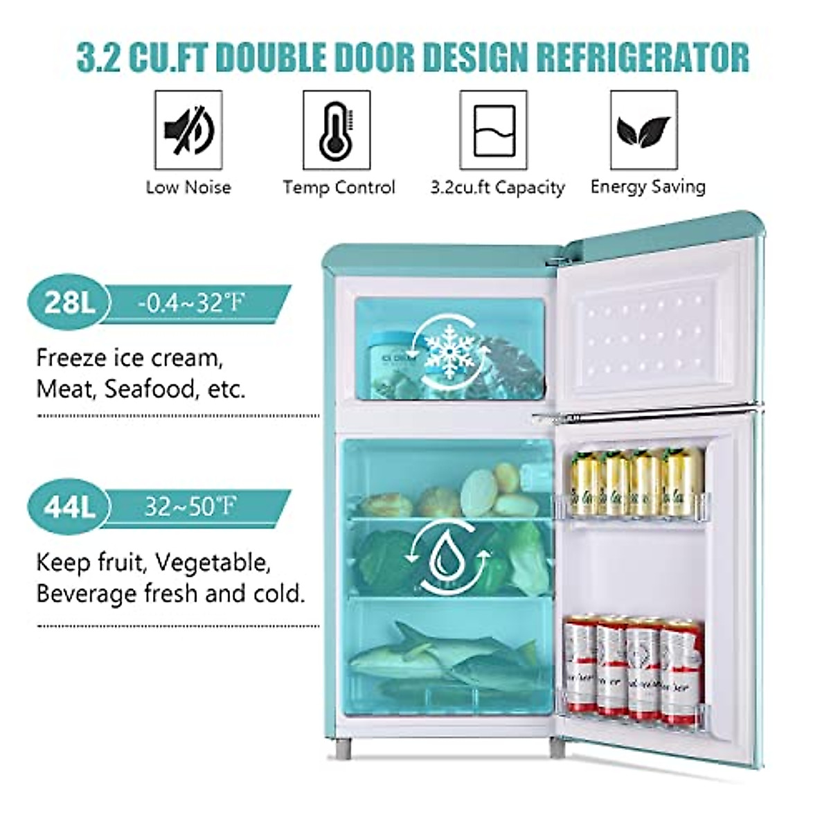 WANAI Compact Refrigerator 3.2 Cu.Ft Classic Retro Blue Refrigerator 2 Door Mini Refrigerator Adjustable Remove Glass Shelves Refrigerator Suitable for Dorm Garage and Office