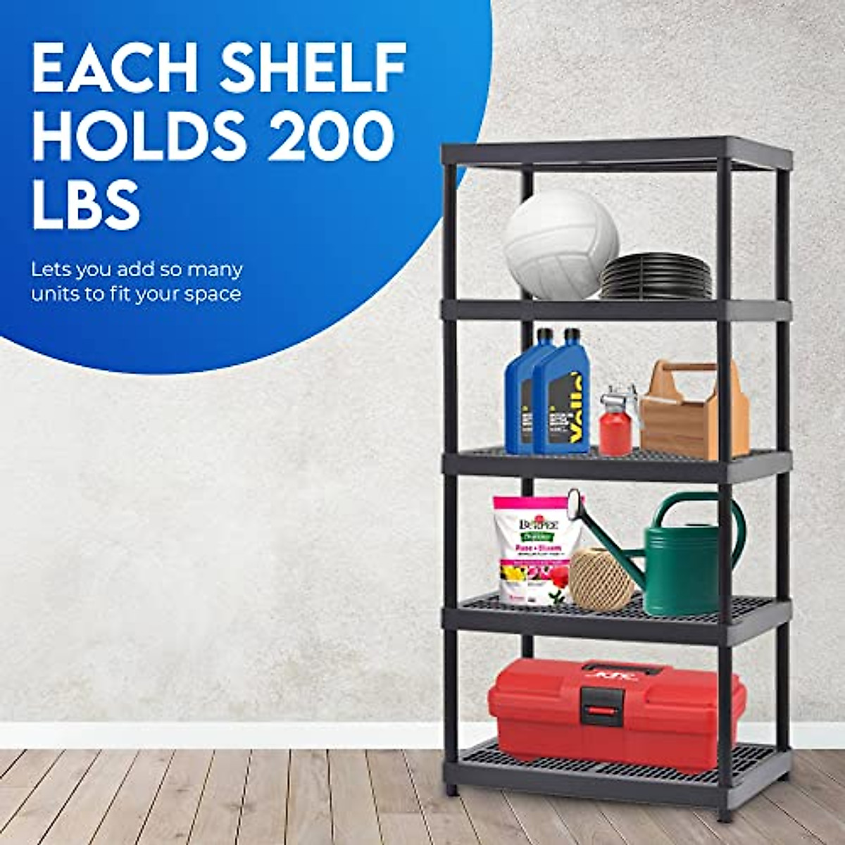 Juggernaut Storage 5-Level Heavy Duty Plastic Shelving System, Black/Gray (RSHD3624-5BG)