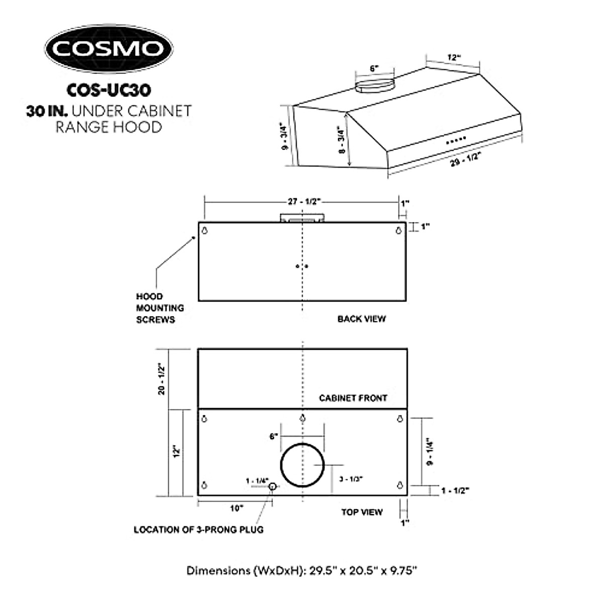 COSMO UC30 29.5 in. Ducted Under Cabinet Range Hood, Kitchen Over Stove Vent, 3-Speed Fan, Permanent Filters, LED Lights in Stainless Steel, 30 inch