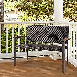 Tangkula Outdoor Stackable Bench, All-Weather PE Wicker Loveseat with Acacia Wood Armrests, 2-Person Heavy Duty Metal Frame Patio Bench, for Garden, Front Porch, Courtyard