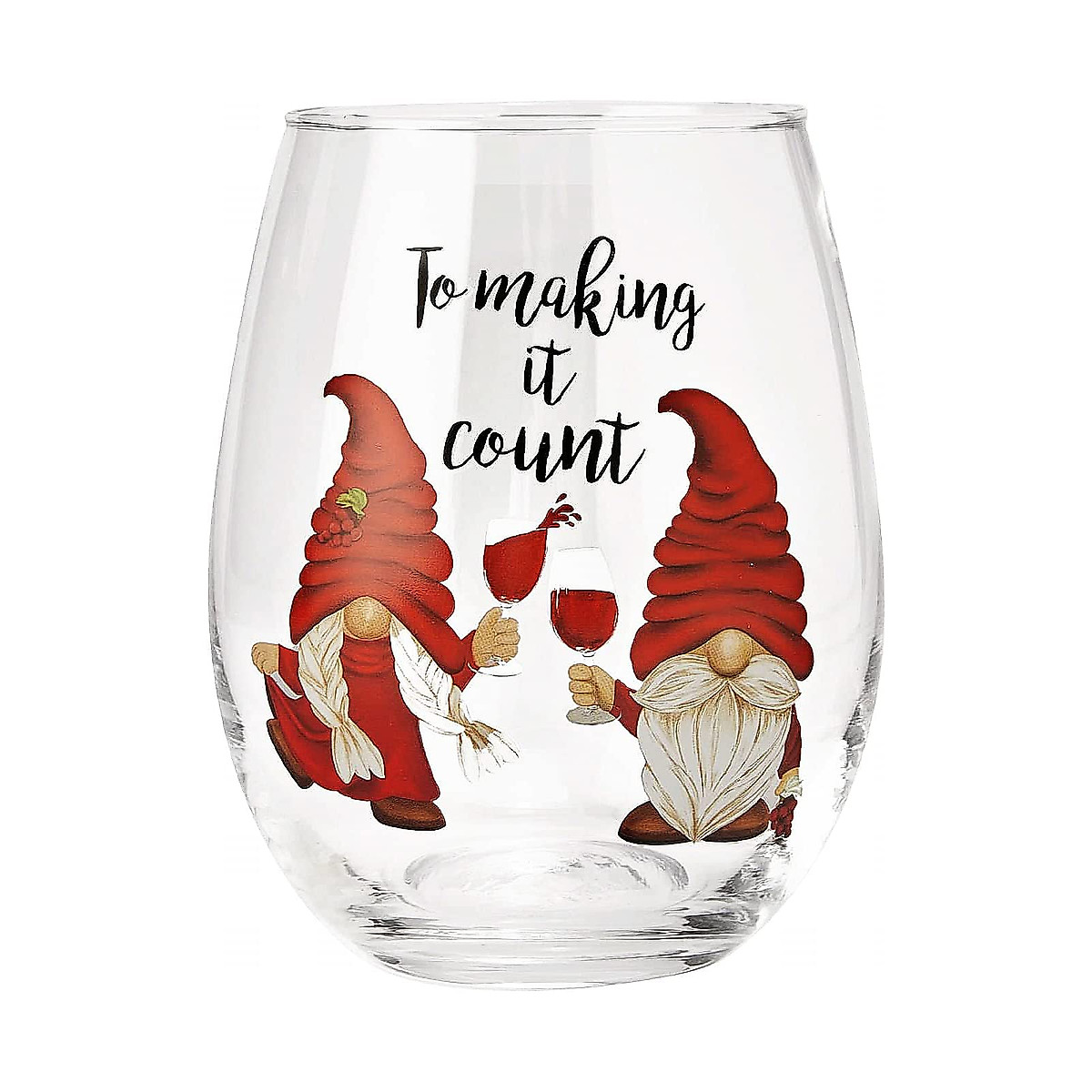 Christmas Gnome Wine & Water Glasses With Dwarf Wood Cover - Set of 2-17.5oz - Santa Holiday Festive Gnomes Stemless Clear Wine Glass For Red Or White Wine - Wines Glass for Women Friends Men Sister