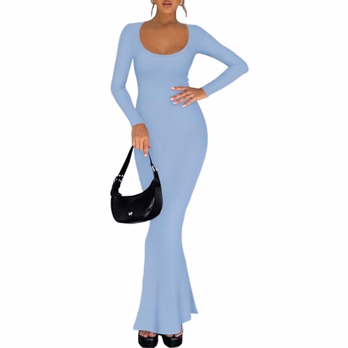 REORIA Womens Sexy Casual Scoop Square Neck Long Sleeve Soft Lounge Long Dress Fall Wedding Guest Elegant Ribbed Bodycon Maxi Dresses Blue Large