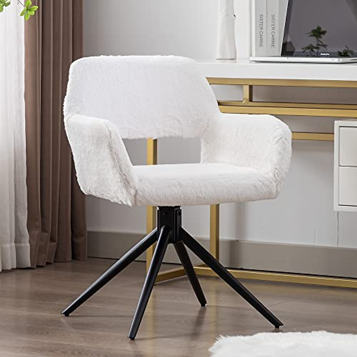 ABET Fluffy Desk Chairs Set of 2, Modern Swivel Accent Home Office Chair No Wheels, Hollow Back & Metal Legs, Faux Fur Vanity Chair for Teen Girls Women Side Armchair for Bedroom Living Room White