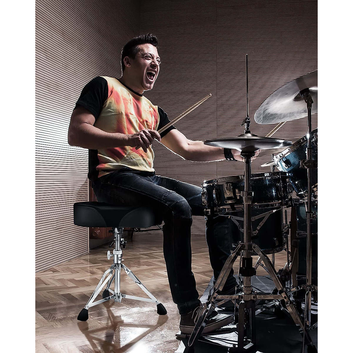 Starfavor Drum Throne Height Adjustable Padded Seat Drum Stool Saddle Drum Seat, with Double Braced Anti-Slip Feet Swivel Drum Chair for Adults, Motocycle Style, ST-500