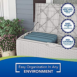 Suncast 99 Gallon Resin Wicker Patio Storage Box - Water Resistant Outdoor Storage Container for Toys, Furniture, Yard Tools - Store Items on Deck, Porch, Backyard - White