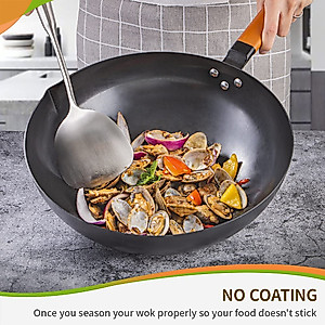 Natural Carbon Steel Wok Pan 12.5”, No Nonstick Coating Woks and Stir Fry Pans, 100% No Chemical Traditional Chinese Iron Pot with Wooden Handle, Flat Bottom for Seasoning All Stoves -Black Steel Wok