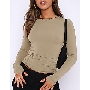 AKEWEI Women's Boat Neck Top Long Sleeve Tight Crop Tshirt Basic Slim Fit Tops Thermal Fitted Undershirt (Black&Khaki, S)