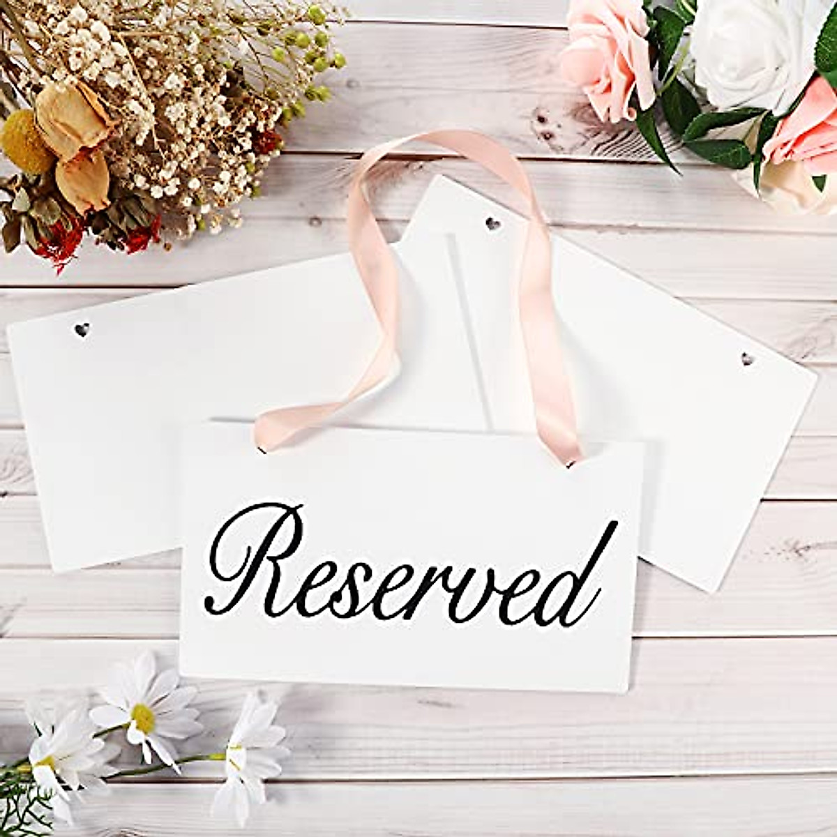 Blulu 6 Pieces Wooden Reserved Signs Hanging White Wood Signs Wedding Chair Seating Handmade Signage Rustic Style Wood Signs, 1 roll Light Coffee Color Ribbon for Wedding and Restaurant Use