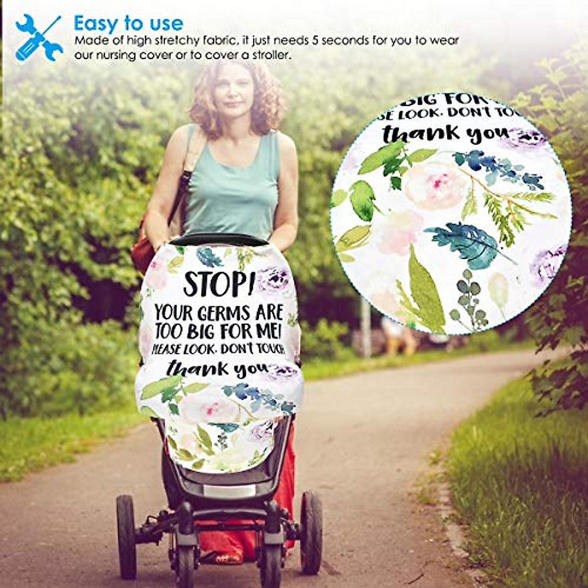 Baby Nursing Cover,Baby Car Seat Canopy,No Touch Sign Infant Stroller Cover Breastfeeding Cover,Soft Stretchy Nursing Cover Up for Baby (Leaf Flower)