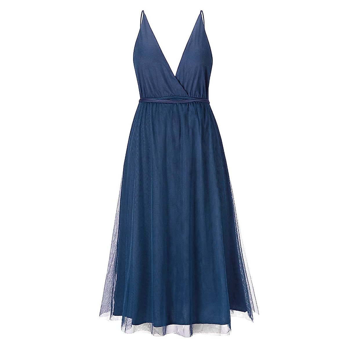 Women Deep V Neck Tulle Dress Spaghetti Strap Backless Party Wedding Cocktail Midi Dress Ladies Dresses Sleeves Dark Blue