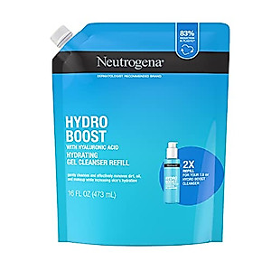 Neutrogena Hydro Boost Lightweight Hydrating Facial Cleansing Gel, Gentle Face Wash & Makeup Remover with Hyaluronic Acid, Hypoallergenic & Non Comedogenic, Refill Pouch, 16 fl. oz